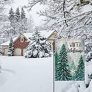 Artofy Winter Welcome Decorative Garden Flag Pine Trees, Snowy Forest Red Cardinal Birds House Yard Lawn Outdoor Burlap Flag, Farmhouse Outside Decoration Snowflakes Home Decor Double Sided 12 x 18