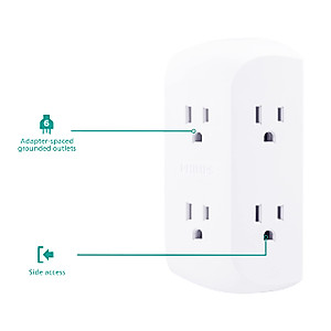 Philips 6-Outlet Extender, 2 Pack, Grounded Wall Tap, Adapter Spaced Outlets, 3-Prong, Multiple Plug, Quick and Easy Install, Cruise Essentials, Use for Home Office, UL Listed, White, SPS1742WA/37