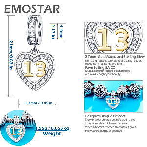 13 Years of Love Birthday Charms fits Pandora Style Bracelet, Golden Number 13, 925 Sterling Silver Heart Bead Pendant with Birthstones CZ, 13th Milestones Gifts for Back to School/Christmas