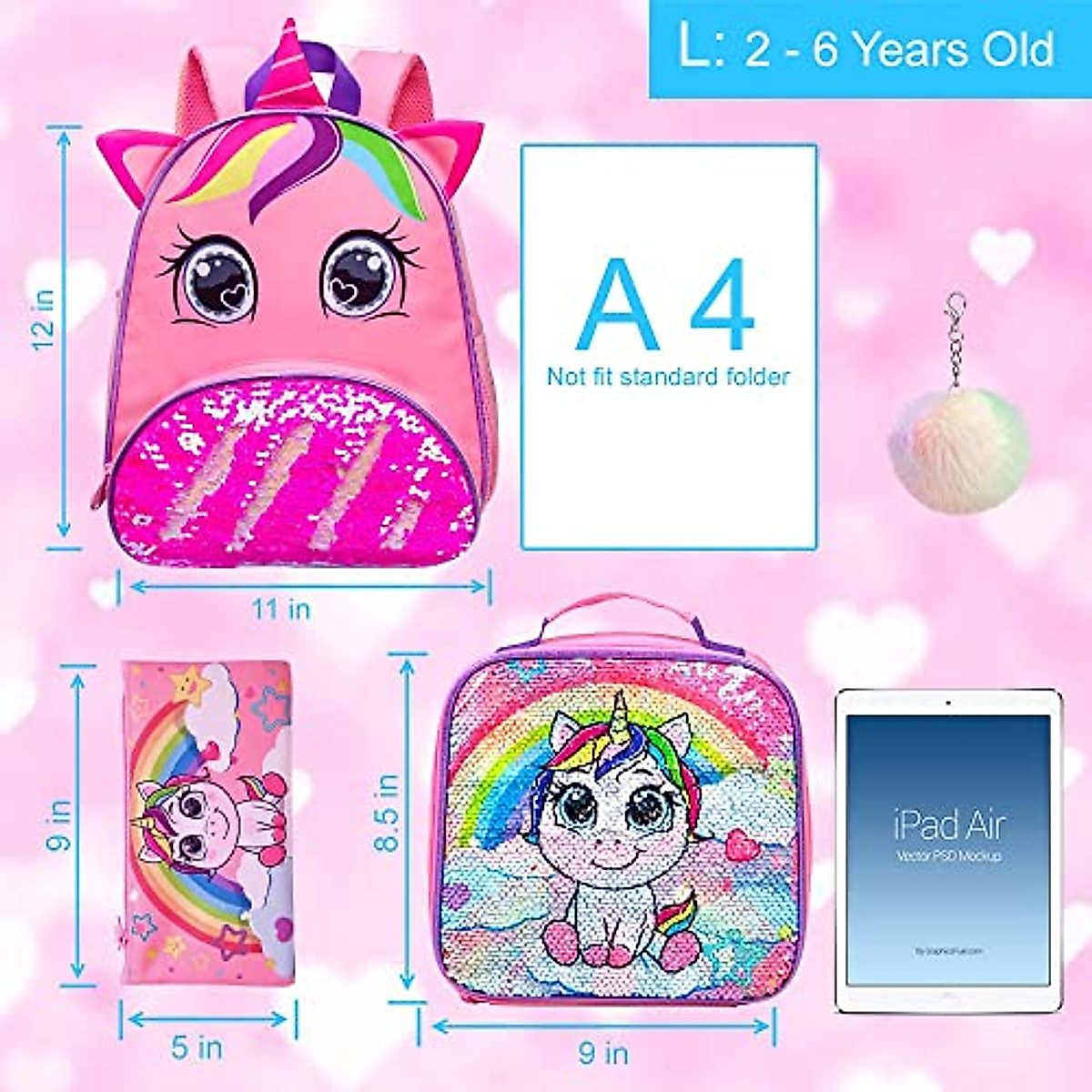 UFNDC Toddler Backpack for Girls, 3pcs Unicorn Sequin Preschool Bookbag with Lunch Box,Cute Kindergarten School Bag