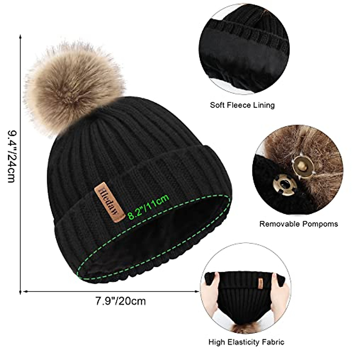 Hicdaw Kids Winter Hats Gloves Scarf Set Warm Knitted Touchscreen Gloves Toddlers Baby Beanie Hat with Fur Poms for Boy Girl, Black