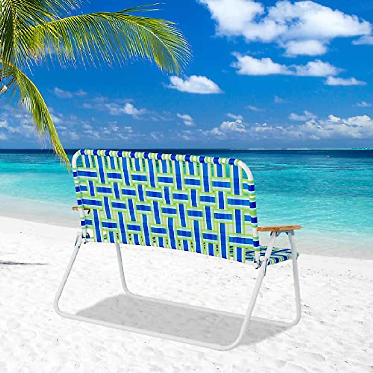 Giantex Folding Beach Camping Chair - Webbing Chair with Armrest, Foot Pad, Metal Frame, 661 Lbs Capacity, Outdoor Portable Lounge Chair for Patio, Poolside, Fishing, Yard, Lawn Chair (2 Person, Blue)