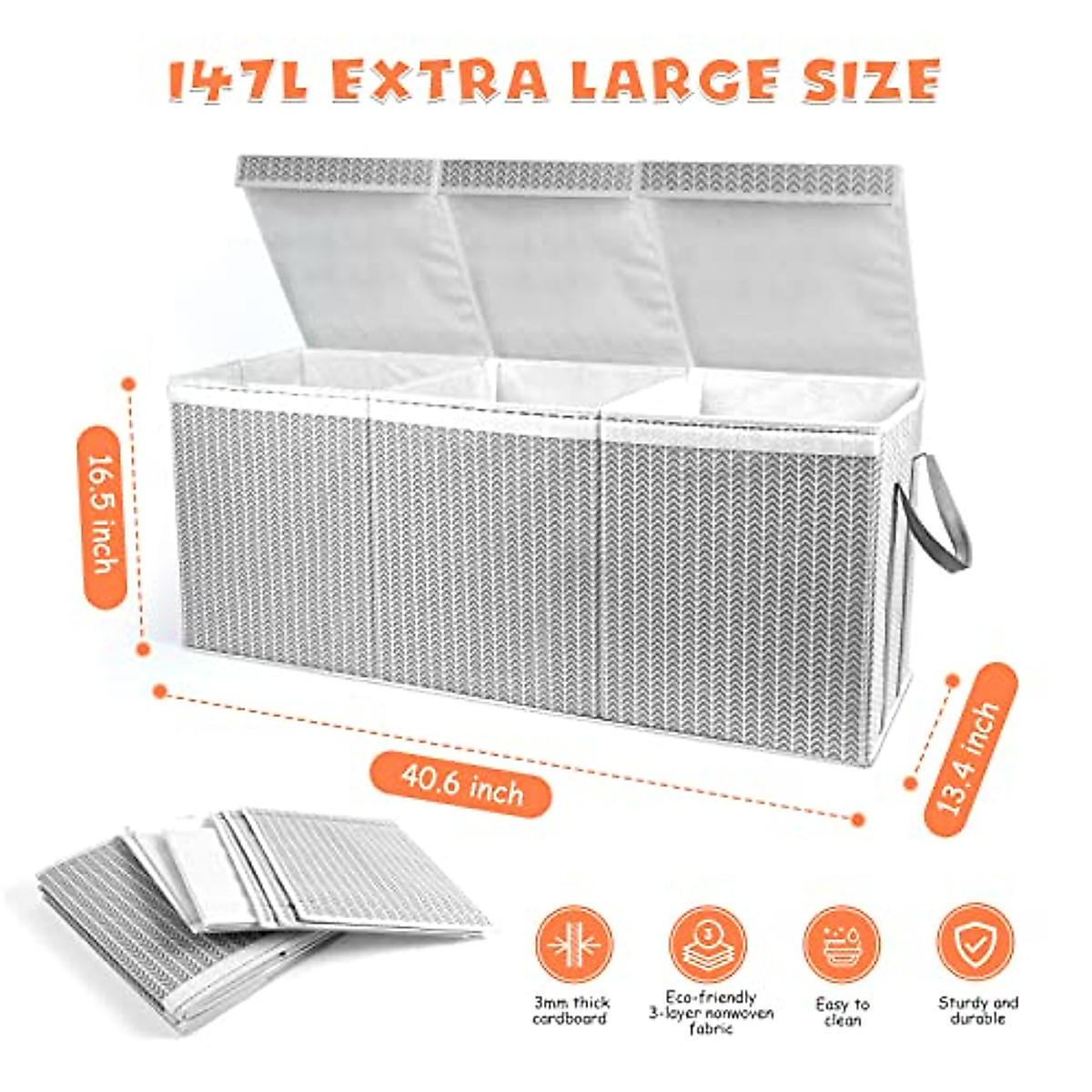 PELEYWCO Extra Large Toy Box For Girls with Divider Boards，Extended Handles, 3 Independent Lids and Longer Magic Tapes,the 147L large toy chest for boys and girl 40.6 * 13.4 * 16.5inch