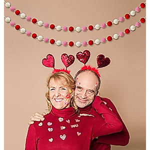 CAVLA 3 Pieces Valentine's Day Felt Ball Garlands Valentines Day Red Pink White Pom Pom Garlands 1 Inch Valentines Pompom Ball Banner for Mother's Day Wedding Engagement Hanging Decorations