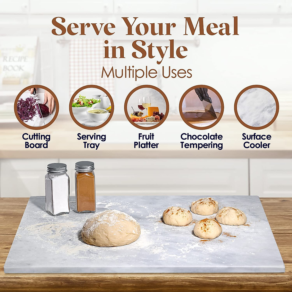 Homeries Marble Cutting Pastry Board (20 x 16 Inches) - Marble Serving Tray for Cheese, Pastries, Bread - Large White Fancy Marble Slab for Cake Display Marble – Sleek Design & Non Slip Rubber Feet