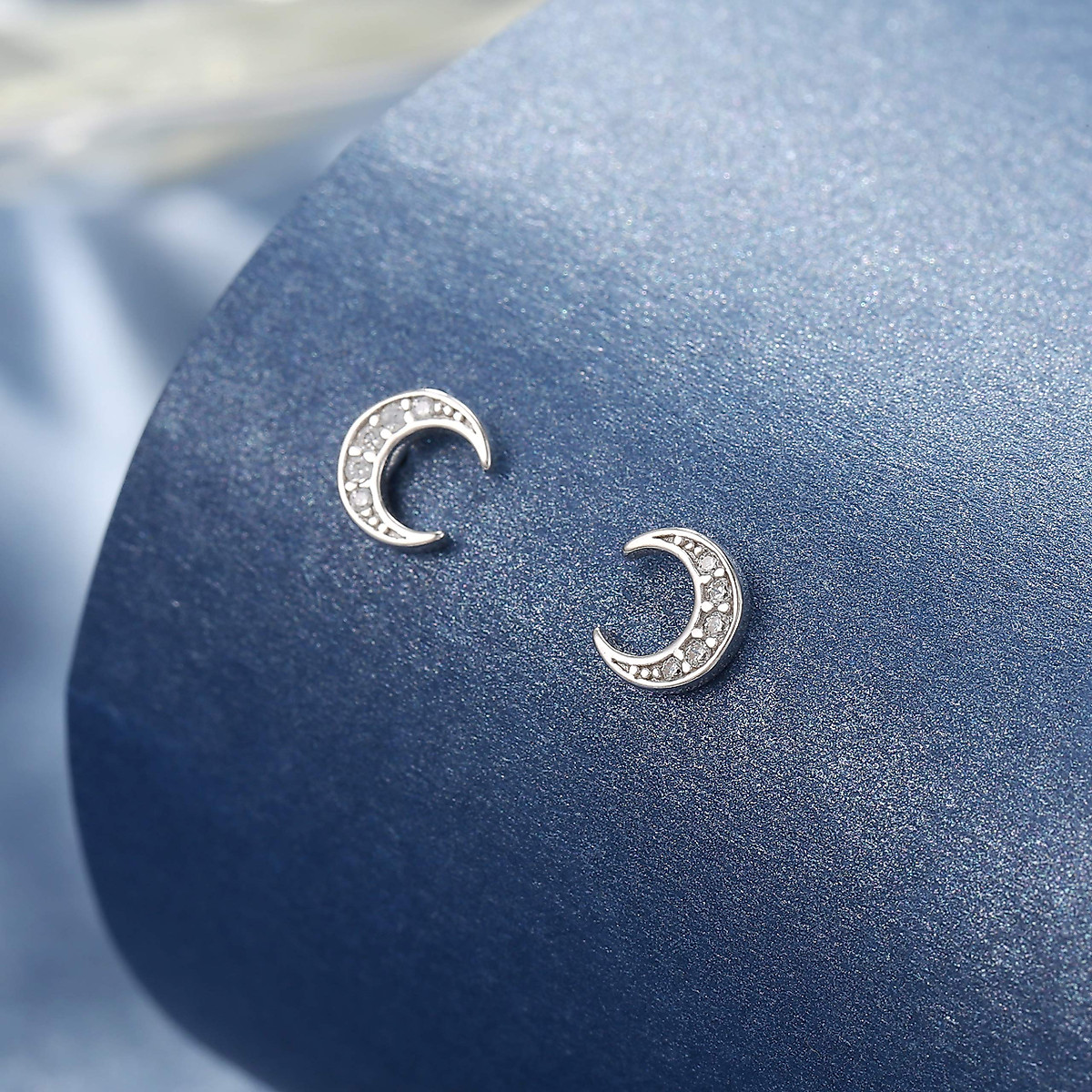 Rnivida 925 Sterling Silver Small Moon Stud Earrings, Silver Cz Crescent Moon Stud Earrings for Women
