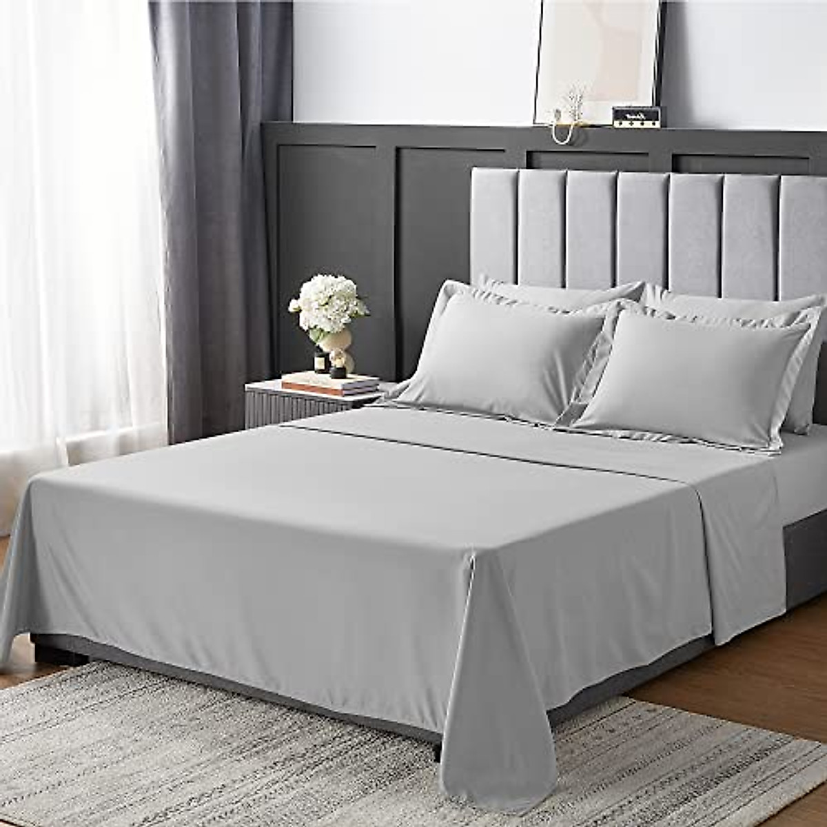 QSTEHEML Queen Comforter Set 7 Pieces, Solid Color Light Grey Queen Bedding Sets, Soft Queen Bed in a Bag with Comforter, Flat Sheet, Fitted Sheet, Pillow Shams and Pillowcases for All Season
