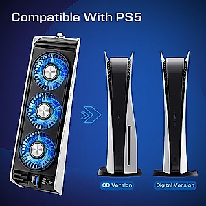 Cooling Fan for PS5 Accessories ,with 3 Blue LED Light/ 2 USB 3.0 Ports / 2 Fan Speed ,Compatible with PlayStation 5 Console Digital / CD Version, High Efficiency PS5 Cooler ( Black )