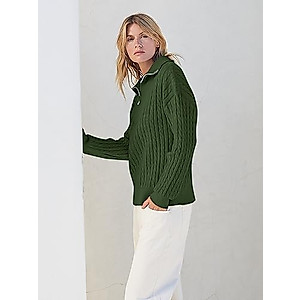 MEROKEETY Women's 2023 Long Sleeve 1/4 Zipper Sweaters V Neck Cable Knit Pullover Tops Army Green Medium