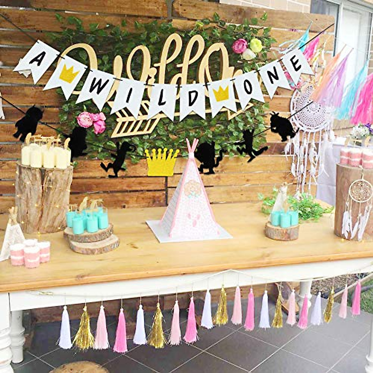 MOAXMOA Wild One Banner and Wild Things Banner Birthday Theme Party Supplies Baby Shower Photo Prop Decorations 17PCS Glitter Gold Silver and Black