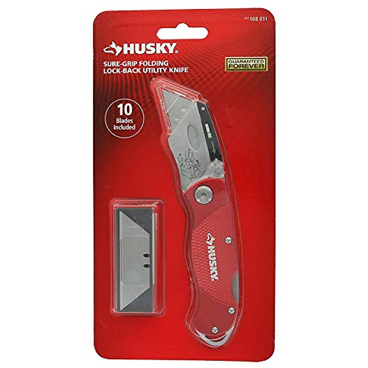 Husky 21113 Folding Sure-Grip Lock Back Utility Knife w/ 10 Disposable Blades Included (Colors Vary)