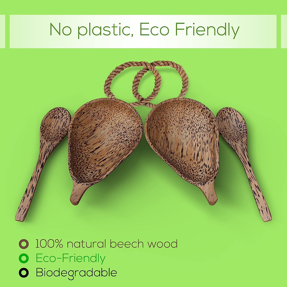 Small Wooden Bowls Set - Eco Friendly, Wood Bowls for Food - Pear Shaped Small Wood Bowl Set, Spoons, Rope Stands - Decorative Wood Bowl - Natural Wood Bowl Size 5 x 3.5 Inches