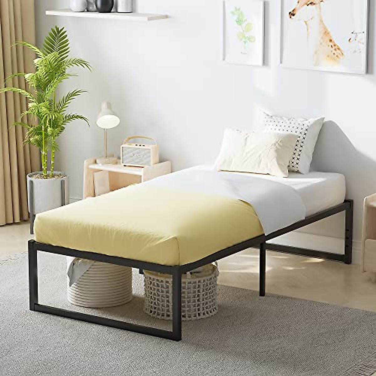 Elephance Twin Bed Frame with Storage Space 16 Inch Black Kids Student Bedframe No Box Spring Needed Metal Platform with Heavy Duty Steel Slat Support, Easy Assembly