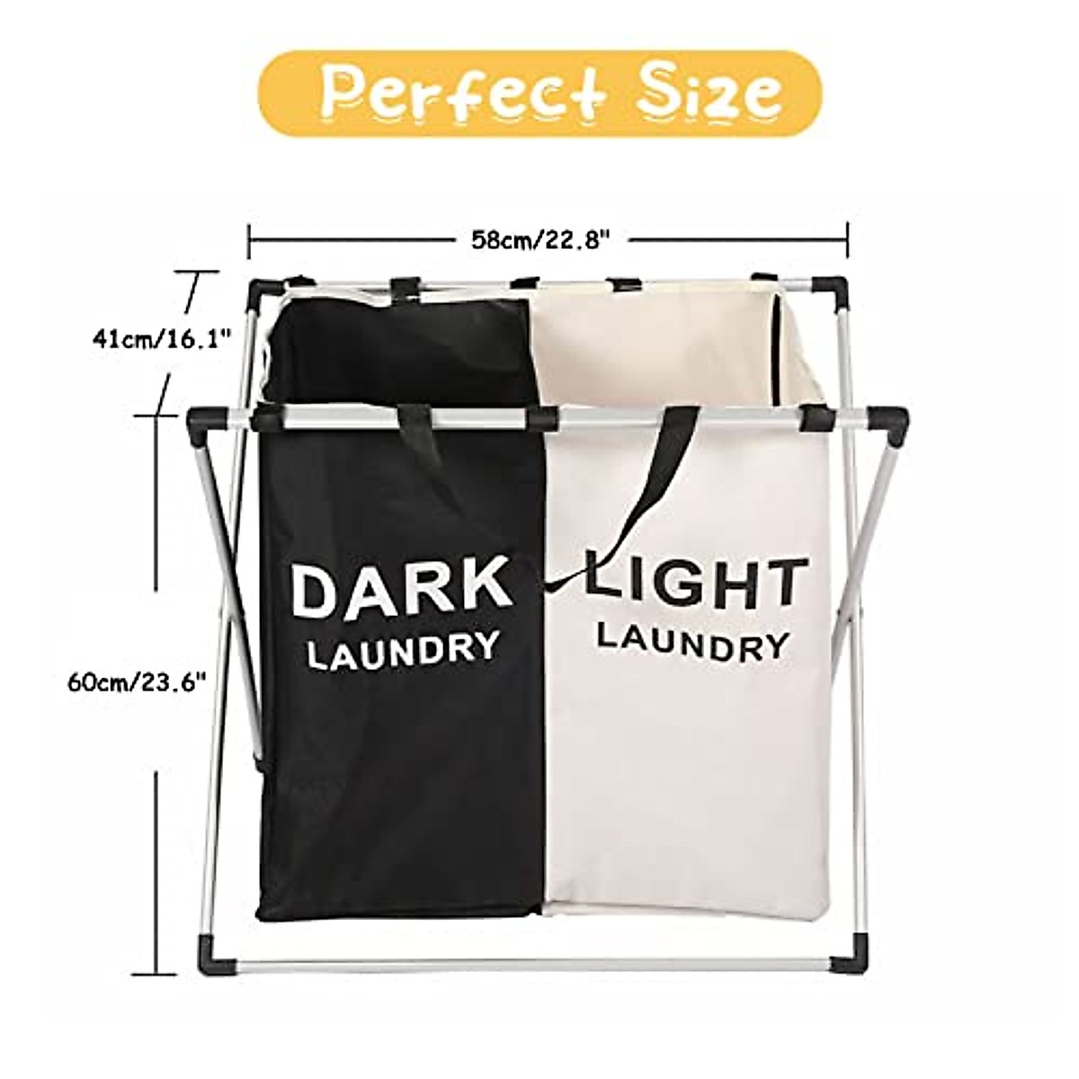 Laundry Basket, 136L Laundry Hamper 2 Section Clothes Laundry Bin Sorter, Waterproof Foldable Washing Storage Bags for Dirty Clothes, Toys, Towel in Bathroom Bedroom Organization (White+Black)