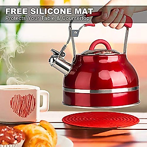 Secura Whistling Tea Kettle, 2.3 Qt Tea Pot, Stainless Steel Hot Water Kettle for Stovetops with Silicone Handle, Tea Infuser, Silicone Trivets Mat, Red