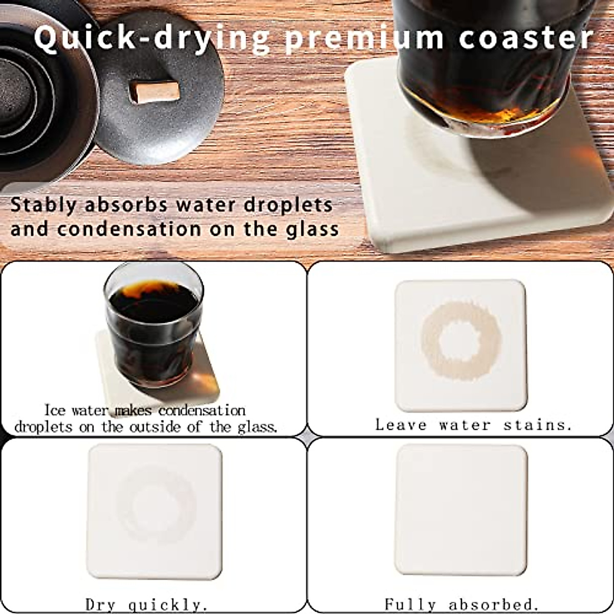 Absorbent Diatomite Drink Coasters,for Drinks and Plants Fast Water Absorption in Seconds, Non-Slip Insulation Odorless Diatomaceous Earth Protect Table Countertop from Damage, Set of 4 (Beige)