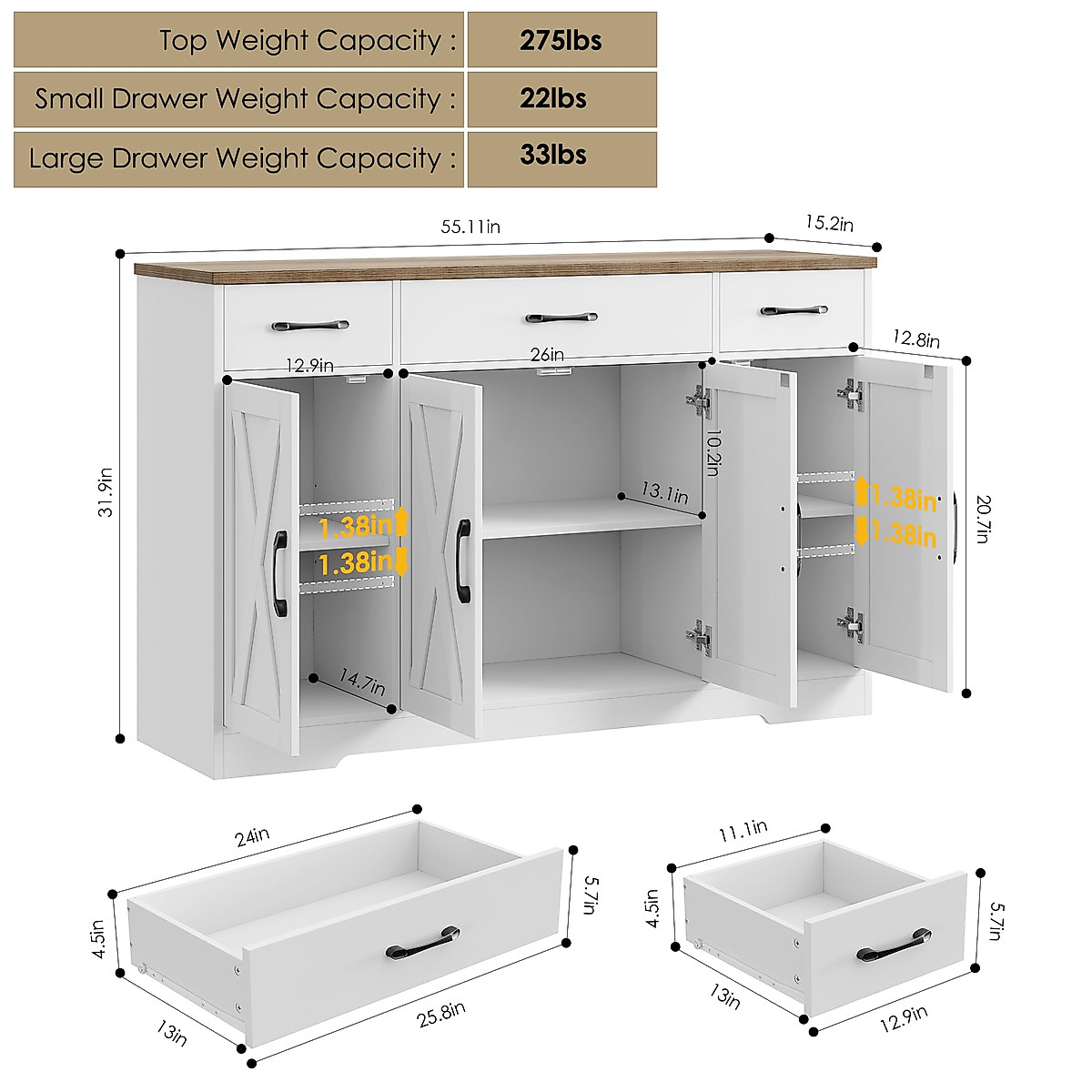 HOSTACK Buffet Cabinet with Drawers, 55" Large Sideboard Buffet Storage Cabinet with Shelves and Doors, Modern Farmhouse Coffee Bar Cabinet Wood Buffet Table for Kitchen, Dining Room, White/Rustic