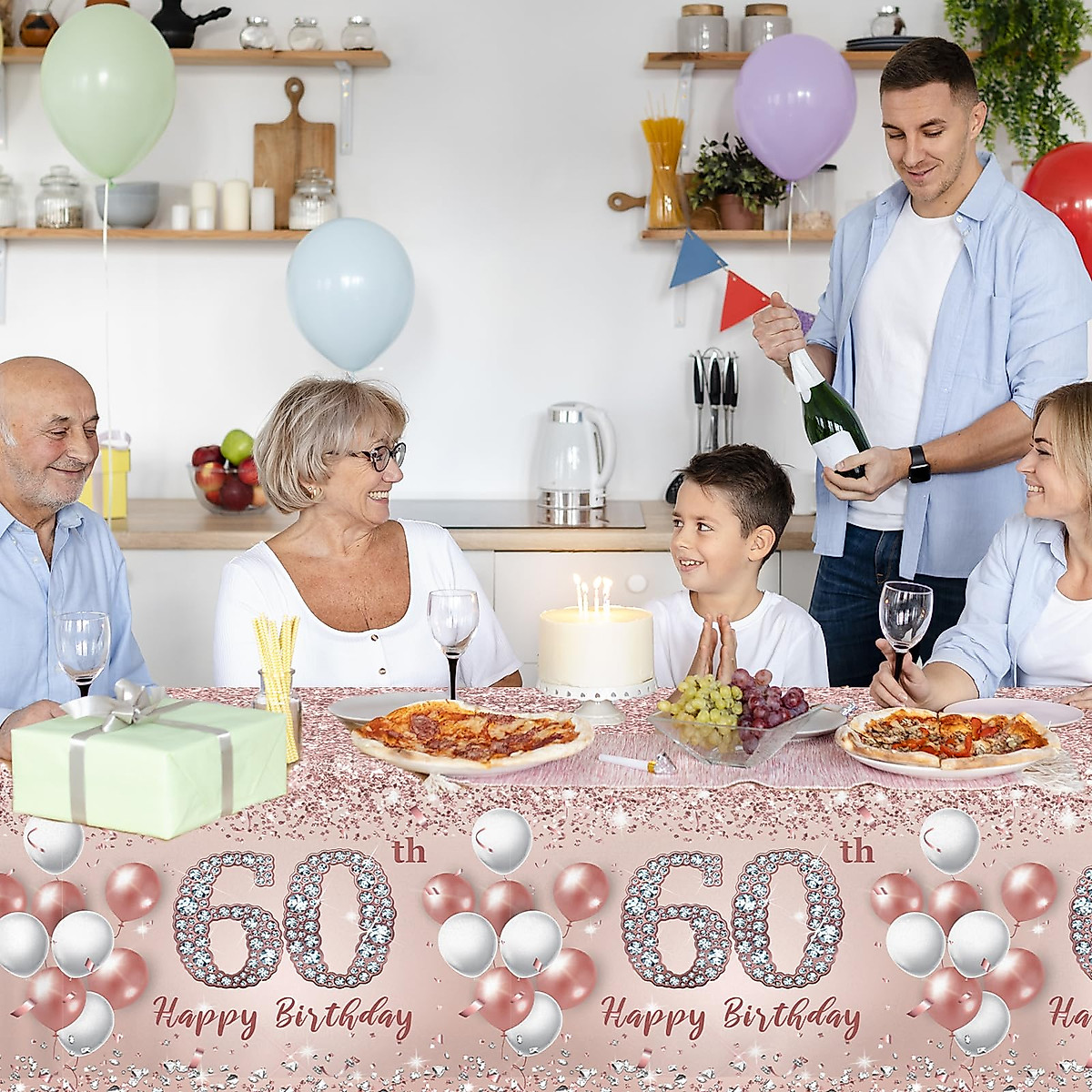 CMUSKO 3 Pack 60th Birthday Tablecloth Decorations for Women, Pink Rose Gold Table Cover Happy 60 Birthday Theme Party Supplies, 60 Year Old Birthday Plastic Rectangular Table Cloth Decor