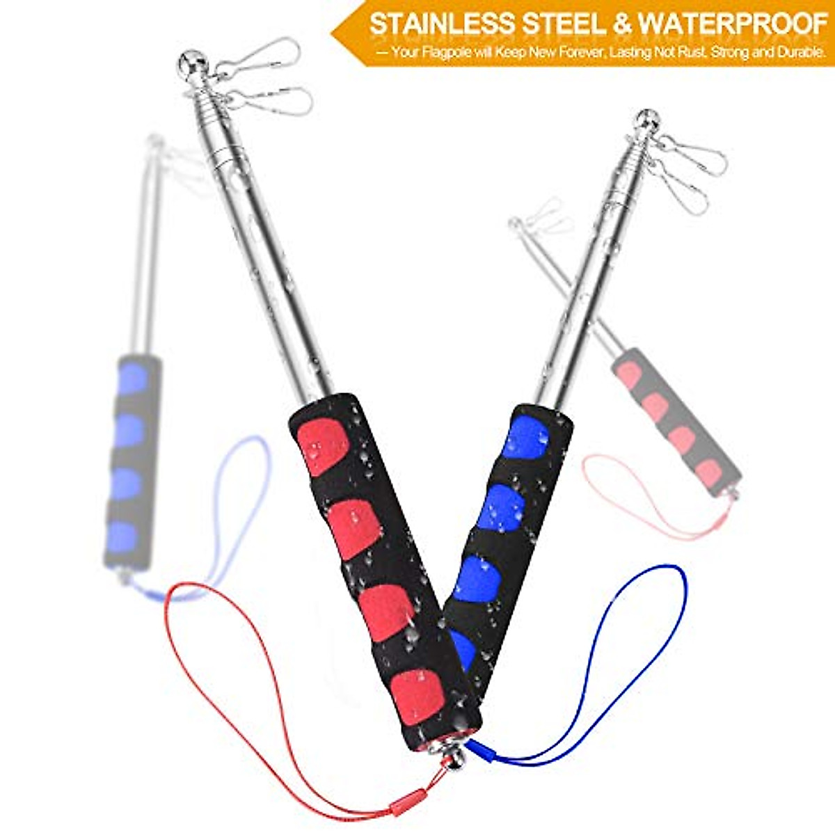 BONWIN 1.6M Telescopic Handheld Flagpoles with Clips, 5 Feet Thick Portable Stainless Steel Telescopic Banner Flag Pole - Tour Guide Flag Pole - Teaching Pointer Stick - 2 Pack (5 Ft, Red+Blue)