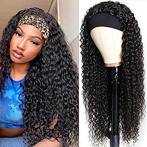 YISEA Headband Wig Human Hair Curly Wigs with Headband for Black Women 12 Inch Deep Wave Machine Made None Lace Front Wig 150% Density Brazilian Virgin Short Bob Wigs