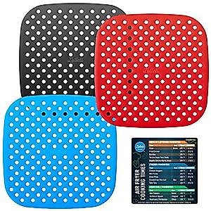 LOTTELI KITCHEN Reusable Silicone Air Fryer Liners 3 Pack with Air Fryer Magnetic Cheat Sheet, Easy Clean Air Fryer Accessories, Non Stick, AirFryer Accessory Parchment Paper Replacement - 8.5" Square