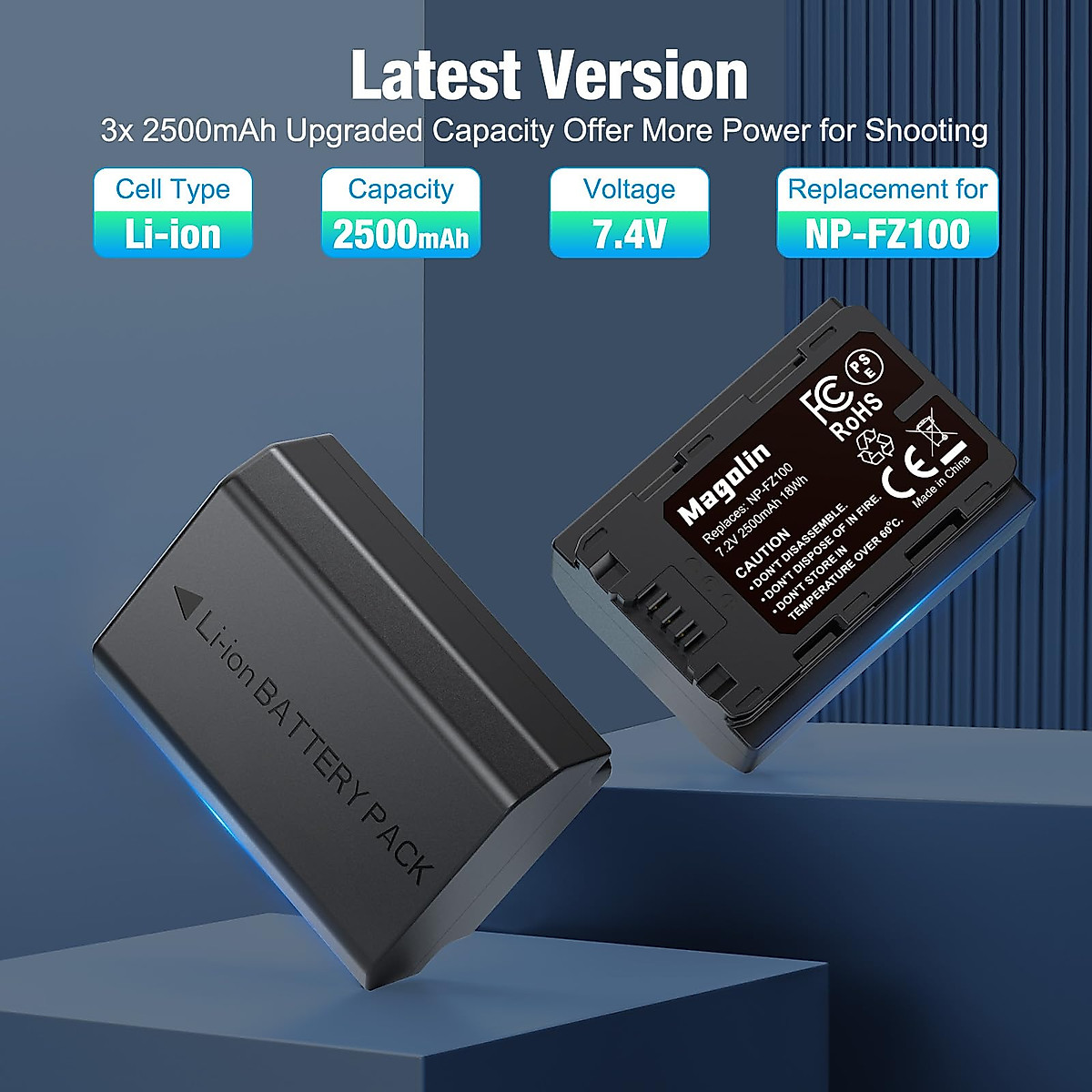 Magolin NP-FZ100 Camera Replacement Battery 2500mAh*3 Compatible with Sony A7R V, A7 IV, A7S III A7R IV, A7R III, A7 III, A7C, A6600, A6700, FX3, ZV-E1, A1, A9-4265