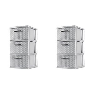 Sterilite 3 Drawer Weave Storage Tower, Plastic Decorative Drawers to Organize Clothes in Bedroom, Closet, Gray with Gray Drawers, 2-Pack