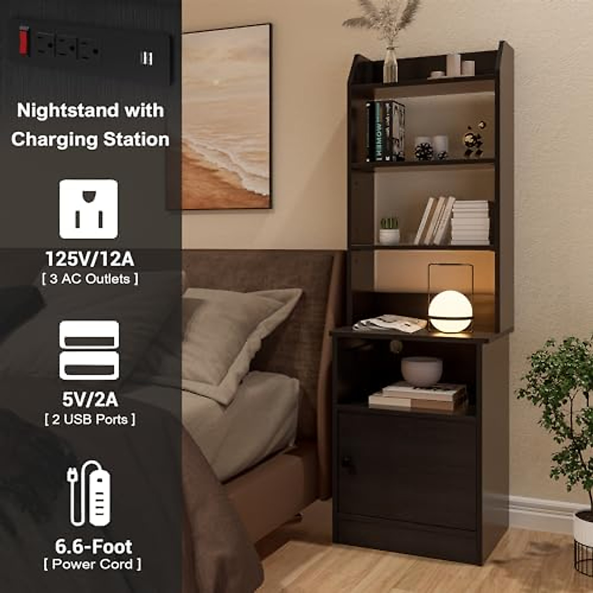 Aufvolr 6 Tier Bookshelf with Cabinet，Tall Night Stand with Charging Atation, Wood Book Shelf Storage Organizer, Modern Display Standing Shelf Unit for Bedroom, Living Room, Office (Black)