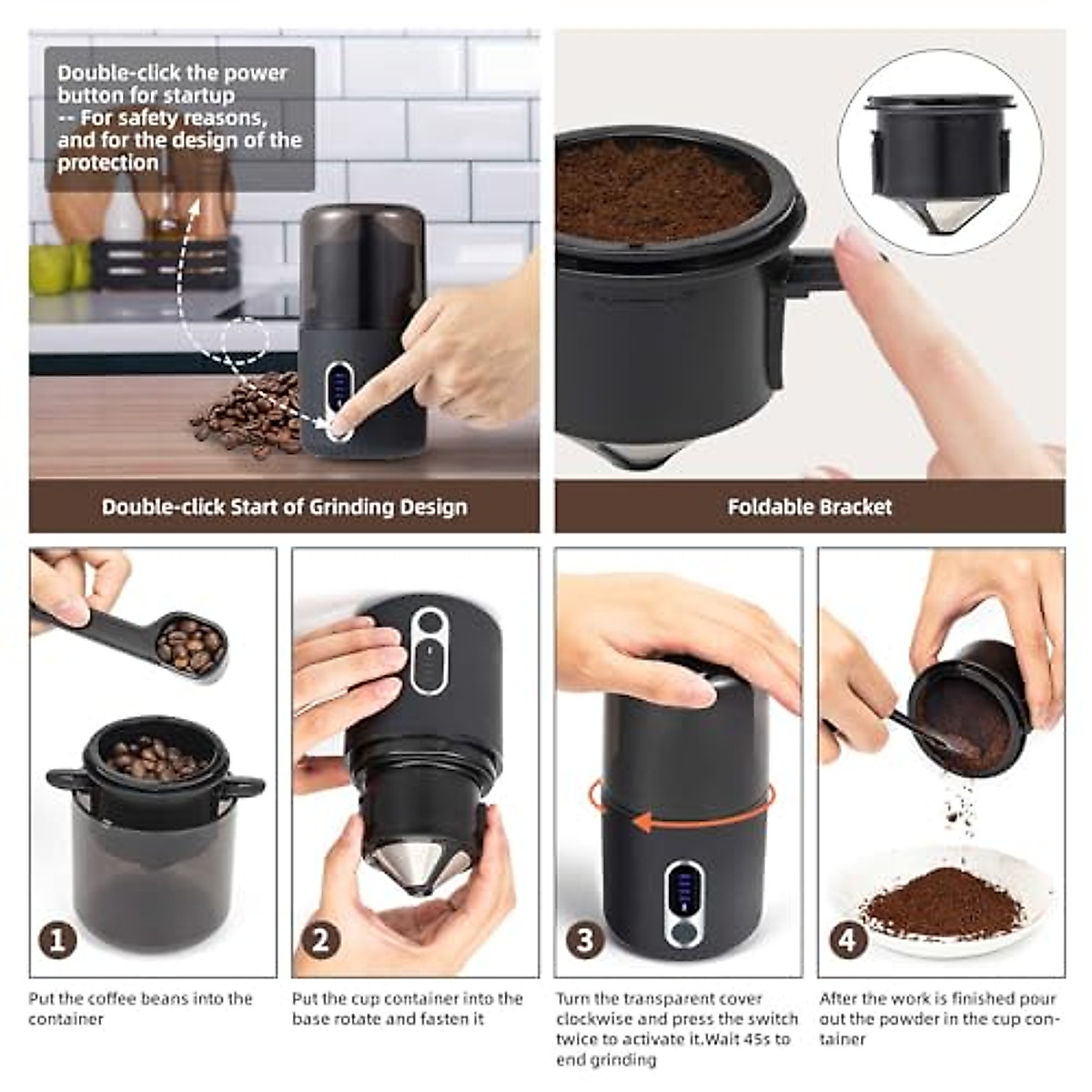 Wireless Coffee Grinder with LED Power, Electric Portable Coffee Bean Grinder with Brush, Herb Grinder, Spice Grinder with Removable Bowl & Spoon and 304 Stainless