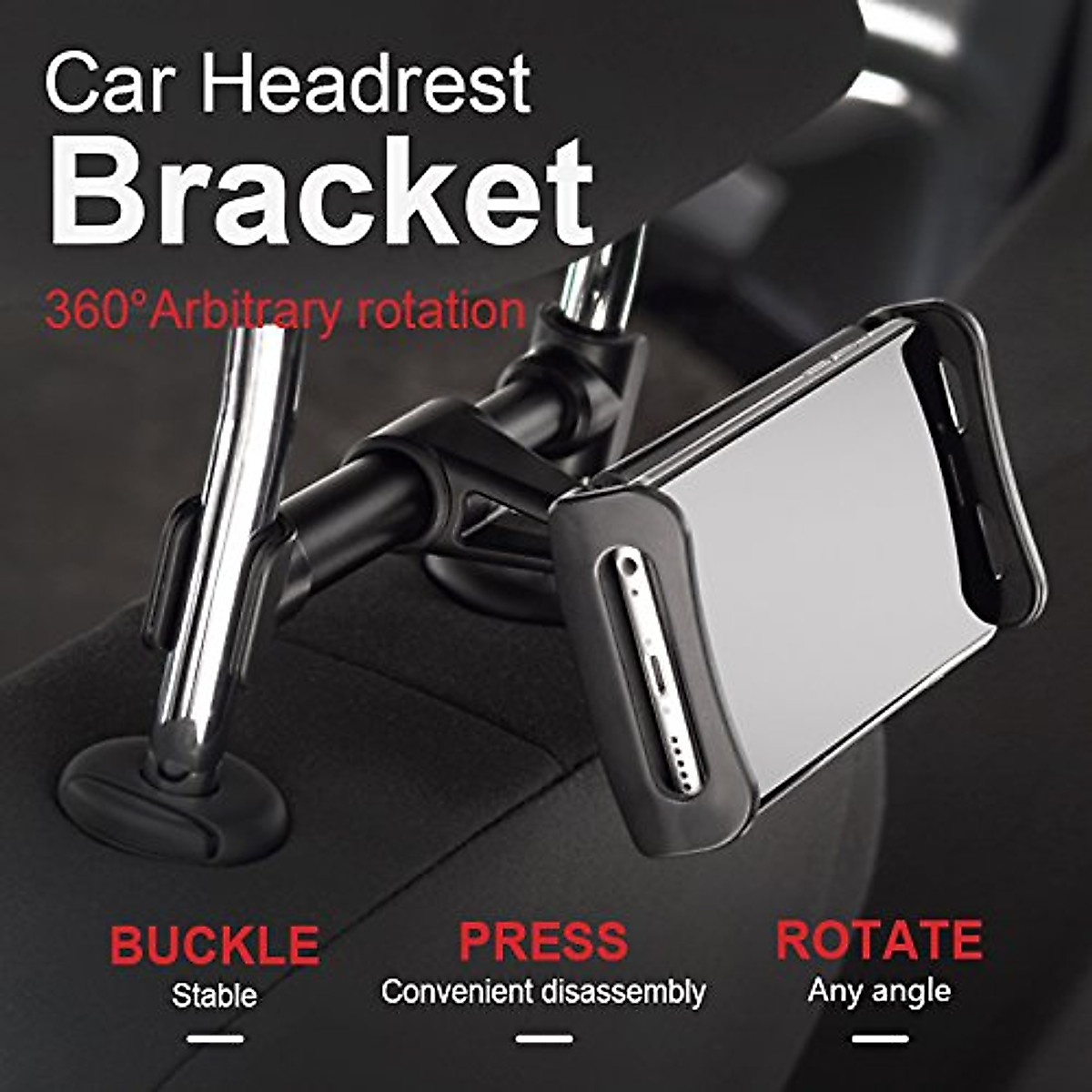 Hochiton Car Headrest Mount Universal 360° Rotating Adjustable for Phones and Tablet PCs 4.7"-10.5", Headrest Holder, Car Backseat Mount for Kid Boy Girl Travel Entertainment Purpose 04BLK