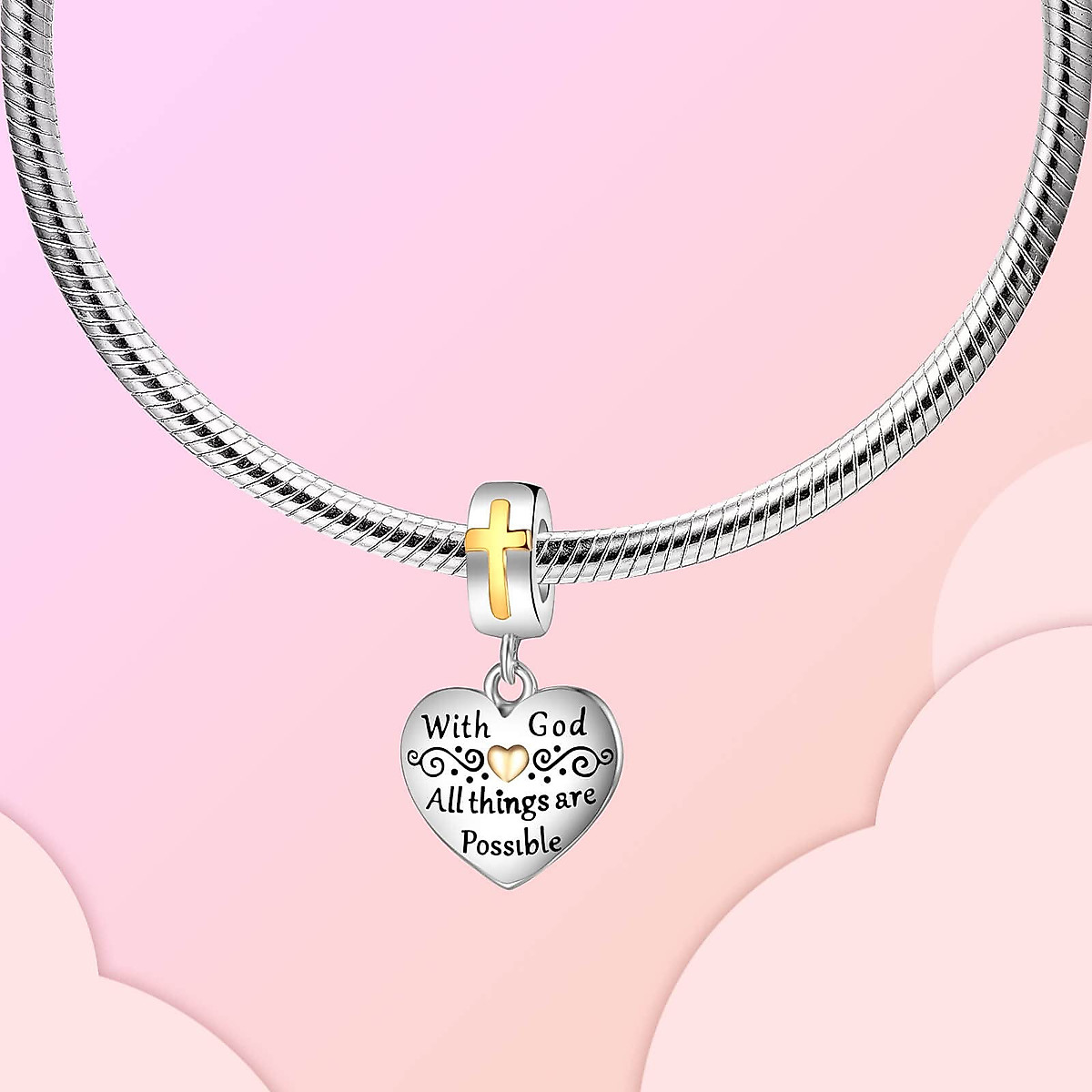 LUXILLA Cross Charm with God All Things are Possible Charm 925 Sterling Silver fits Bracelets Necklace Pendant Bead Charms Jewelry Gift for Women Family Friends