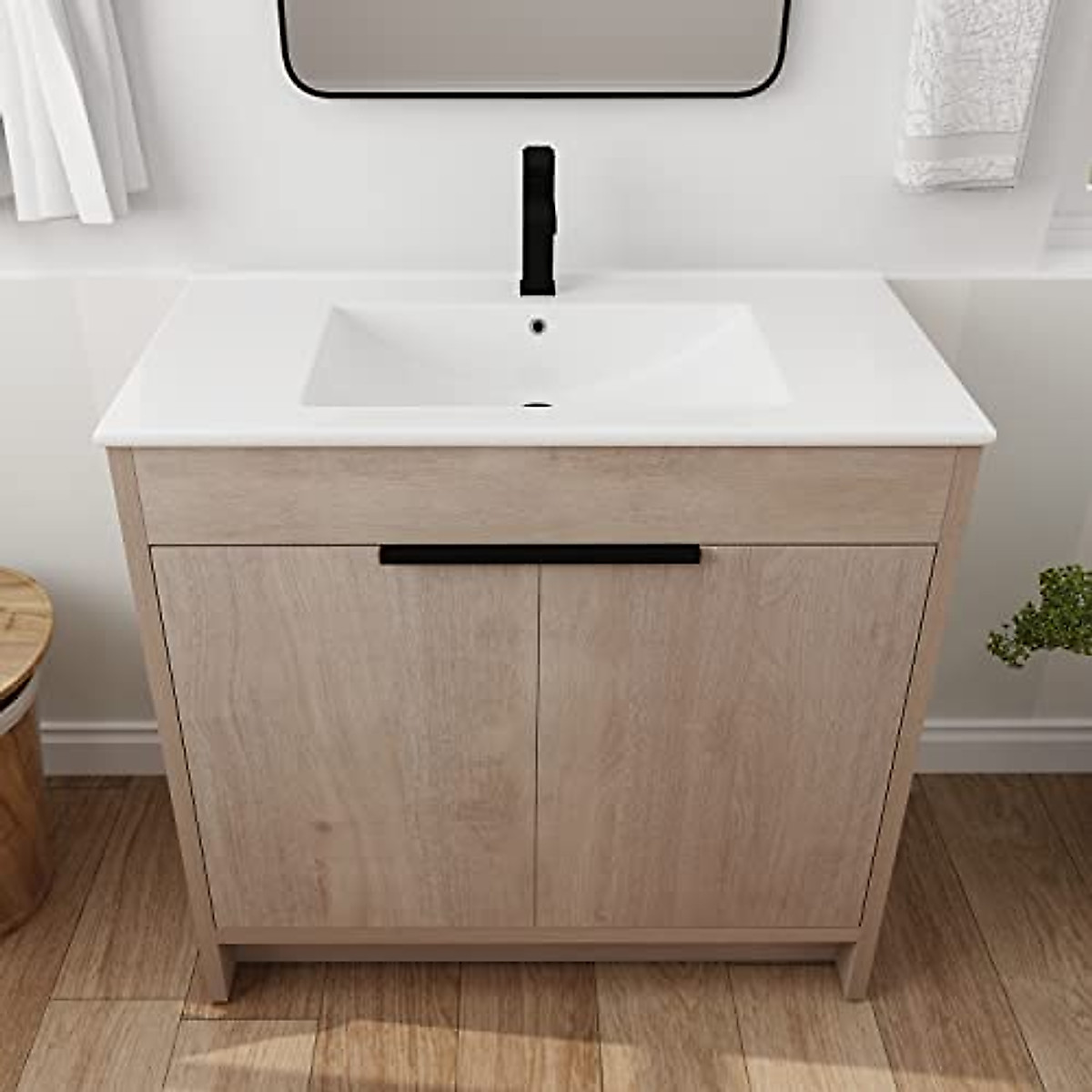 Sybrioka Freestanding Bathroom Vanity with Sink Set, 36" Modern Bathroom Storage Cabinet Vanity with White Ceramic Sink, Large Bath Cabinet with Wood Door and Inset Basin (Oak, 36inch)
