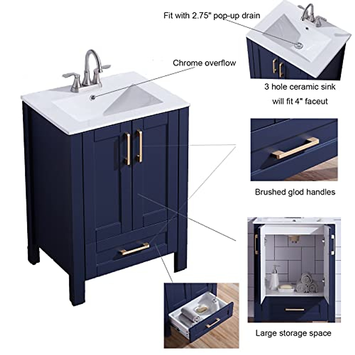 Popity home 24 Inch Bathroom Vanity with Sink,Blue Bathroom Sink Cabinet,Small Bath Vanity with White Three Hole Ceramic Sink, Gold Handle Bathroom Vanity