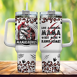 UNILYLY Tumbler 40 Oz With Handle Lid And Straw, Mamasaurus Leopard, Black Print, Mamasaurus Gifts, Keep Drinks Cold Hot, Leopard Print