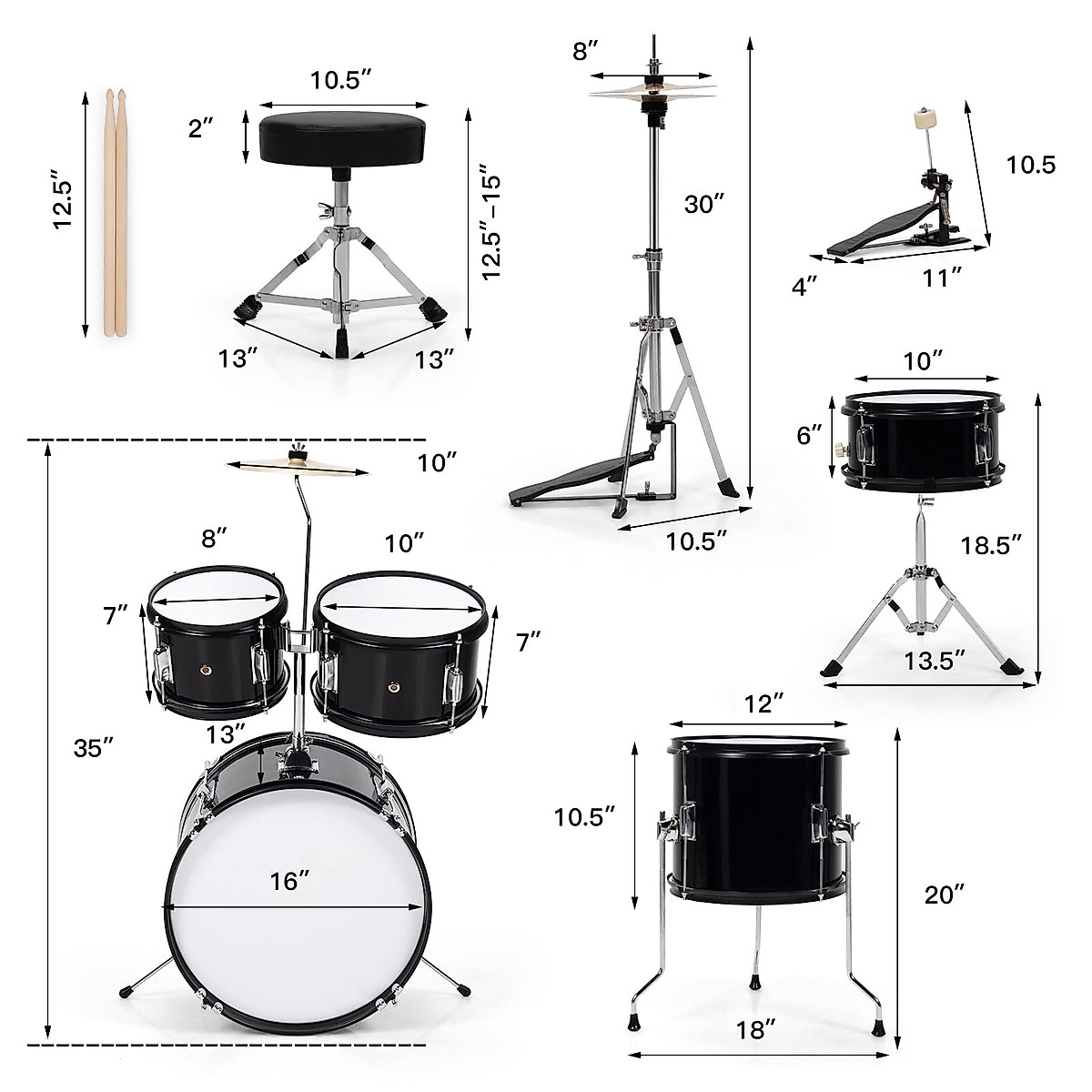 Costzon 16” Kids Drum Set, 5-Piece Full Size Complete Junior Drum Set with Adjustable Throne, Cymbal, Hi-Hat, Pedal & Drumsticks, Beginner Drum Kit with Bass Snare Tom Drum, Age 3-12, Black