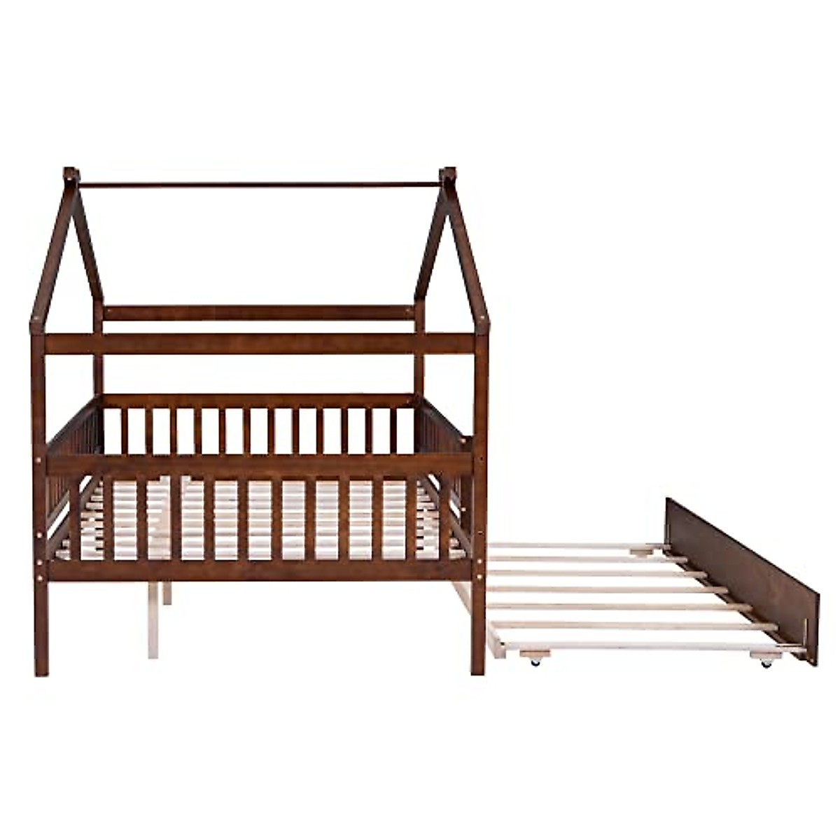 DHHU Daybed with Trundle, Full Size Wooden House Bed with Twin Size Trundle Bed, Wood Bed Frame with Roof and Safety Guardrail for Kids, Teens, Boys or Girls, No Box Spring Required