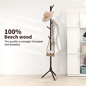 YOFU Coat Rack Sturdy Wooden Coat Rack Stand, Adjustable Coat Tree, Free Standing Tree Hanger with 3 Sections & 8 Hooks, for Home, Office, Bedroom, Entryways (Dark Walnut)