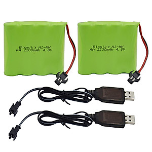 Blomiky 2 Pack 4.8V 2200mAH AA NiMH Rechargeable Battery with SM-2P Plug and USB Charger Cable for SY-E511 RC Excavator RC Truck Toy 4.8V 2200mAh NiMH Battery 2