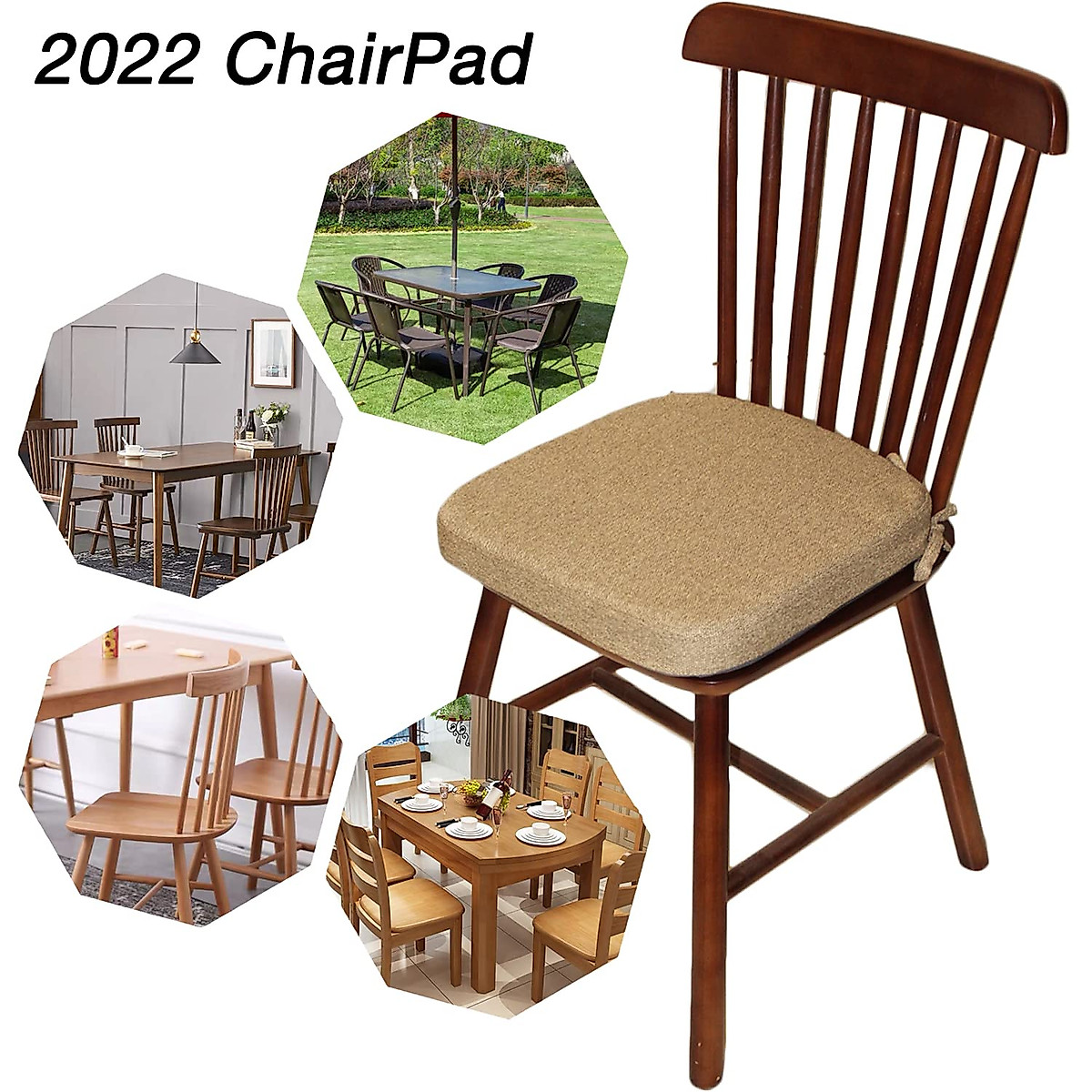 ZYHOONE Chair Cushion with Ties for Dining Chairs - Thick and Comfortable Non Slip Kitchen Seat Pad for Dining Room with Machine Washable Cover [15 X 15 X 2 Inches] - Natural Linen