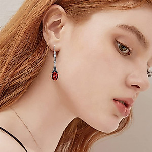 Vintage Leverback Ruby Earrings Sterling Silver Retro Drop Earrings with Oval Red Simulated Birthstone Crystal from Austria, Earrings Gifts Birthday Jewelry for Women