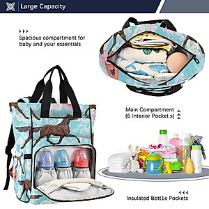 Vnurnrn Baby Diaper Bag Backpack, Portable Baby Bag for Boys Girls, Large Multifunction Travel Baby Changing Bag with Stroller Straps and Insulated Pockets, Running Horse and Flowers