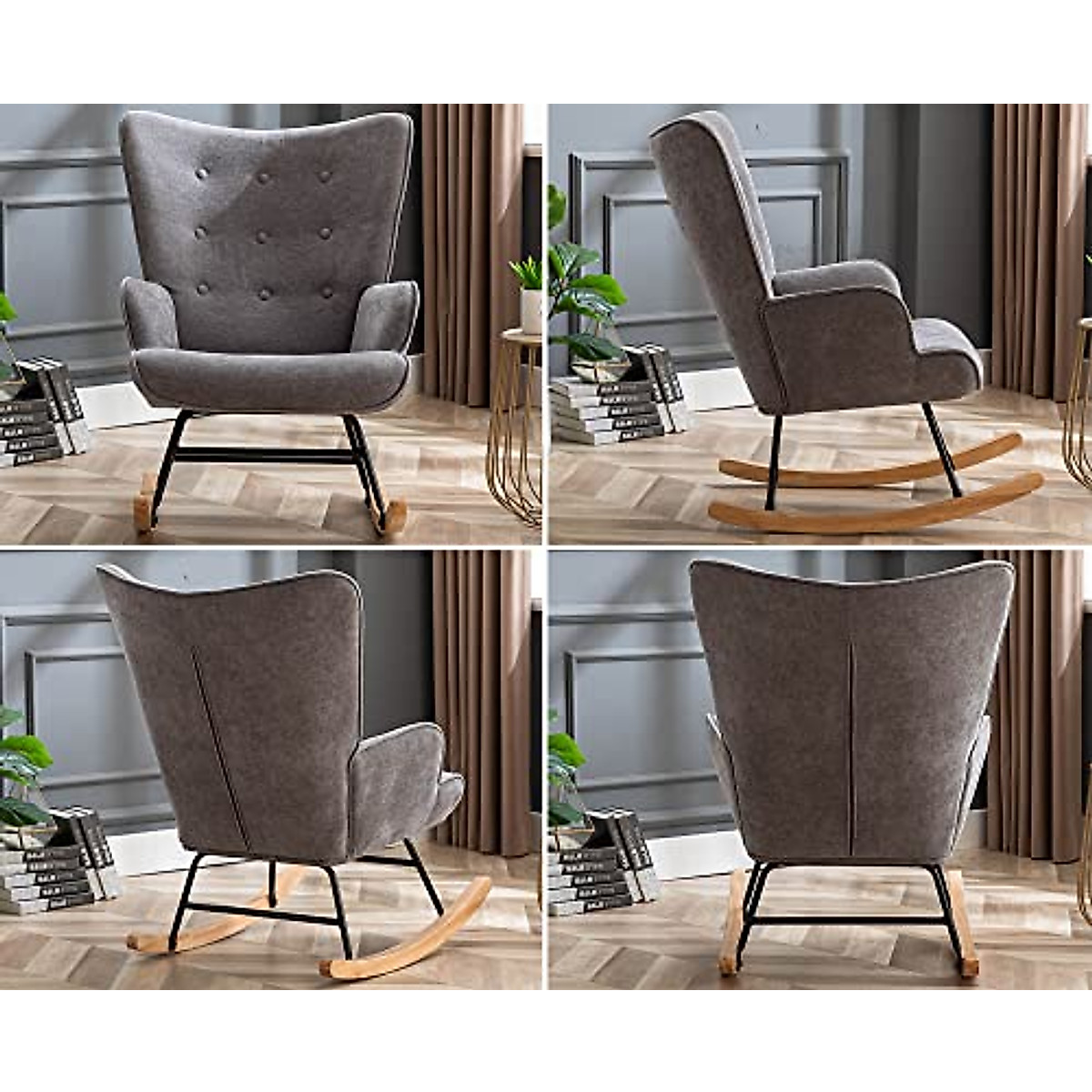 VESCASA Linen Rocking Chair with Tufted Wingback，23.5" Wide Midcentury Modern Indoor Glider Rocker with Arms for Nursery/Reading/Living Room/Bedroom, Grey