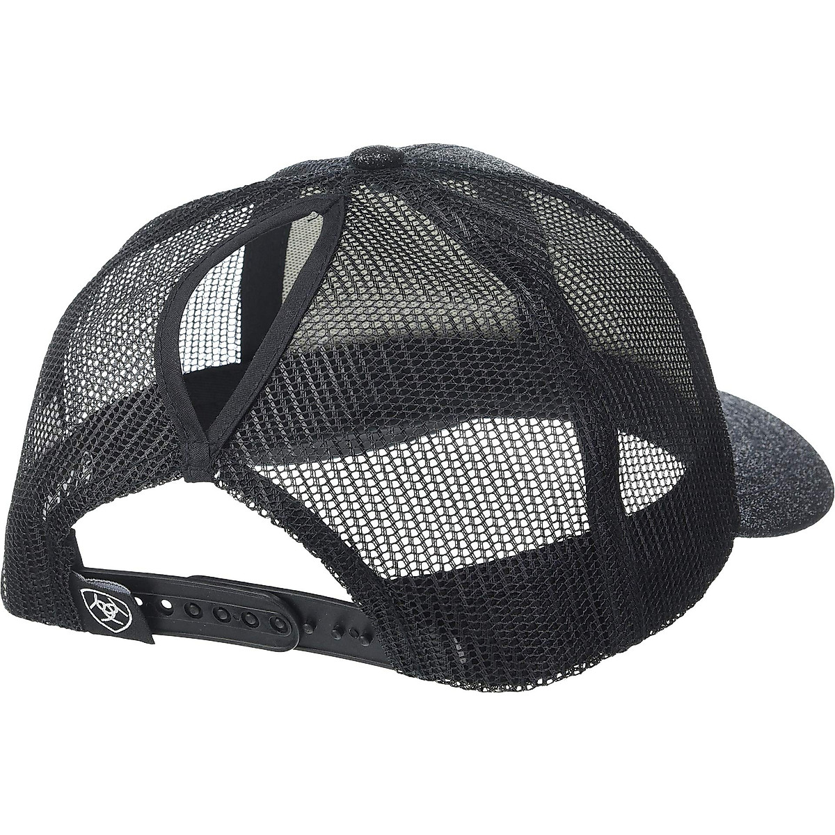 ARIAT Women's Offset Logo, Black with Glitter Crown & Bill, Messy Bun Opening, Black Mesh Back, Adjustable Snapback