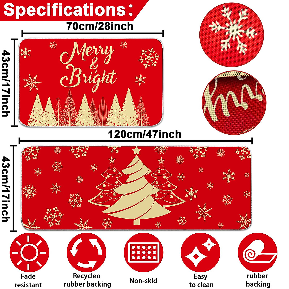 Merry Christmas Kitchen Rugs Set of 2 Red Farmhouse Decorative Rubber Backing Xmas Winter Holiday Floor Mat Anti-slip Merry & Bright Decorations for Indoor Outdoor Home Kitchen 17x28 and 17x47 Inch