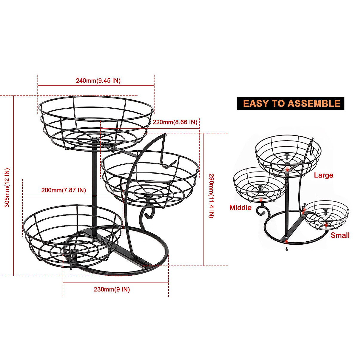 Livabber Fruit Basket Bowl with Banana Hanger, Fruit Vegetable Storage Basket with Banana Tree Holder for Kitchen Counter, Detachable Organizer for Bread Snack Produce (Black, 3-Tier Metal Base)