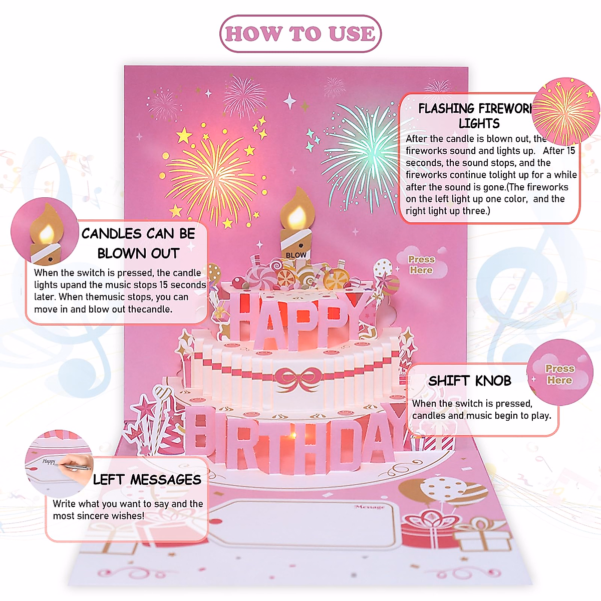 DTESL Musical Birthday Cards with Light and Music, Blowable, 3D Birthday Popup Cards for Men & Women– Plays Hit Song 'HAPPY Birthday' (pink)