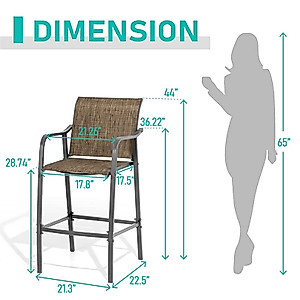 VredHom Outdoor Metal Bar Stools Patio Bar Stools Set of 2, Counter Height Chairs Steel Bar Chairs Lightweight Patio Furniture with Textilene, Armrest and Footrest,Brown