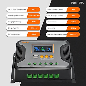80A Solar Charge Controller 12V 24V 36V 48V Auto, Solar Regulator 80amp Paremeter Adjustable LCD Display with Dual USB fit for Sealed, LiFePO4, Gel, Flooded and Lithium Battery