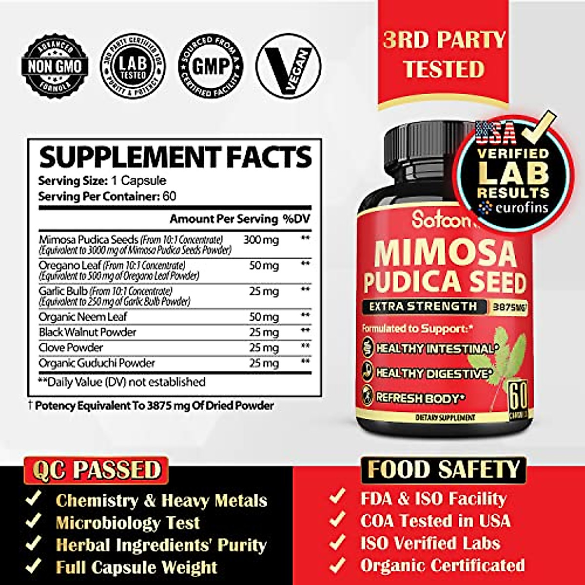 Natural Mimosa Pudica Seed Capsules - 7 Herbs - Equivalent to 3875mg with Oregano, Garlic, Neem Leaf, Black Walnut Powder, Clove Powder, Guduchi Powder - 1 Pack 60 Capsules for 2 Months