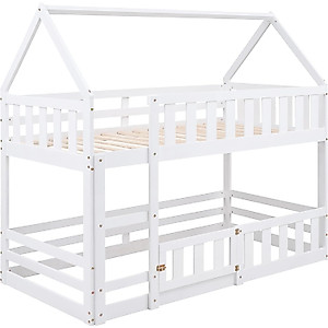 MERITLINE House Bunk Bed with Fence and Door, Wood Kids Bunk Beds Twin Over Twin with Roof, Floor Bunk Bed Loft Beds for Girls Boys, Easy Assembly, White